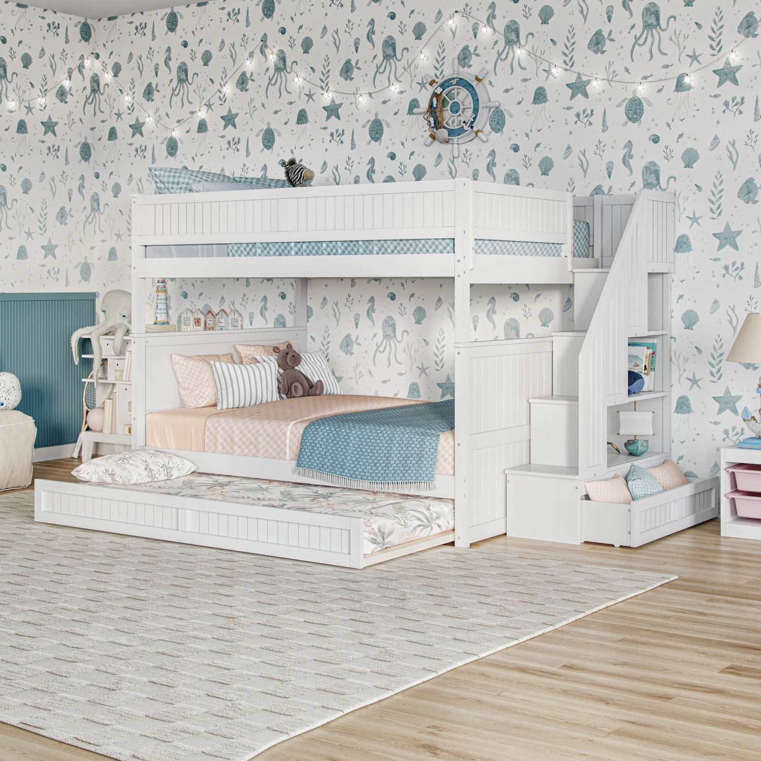 Dover Full over Full Wood Staircase Bunk Bed with Drawer & Trundle in ...