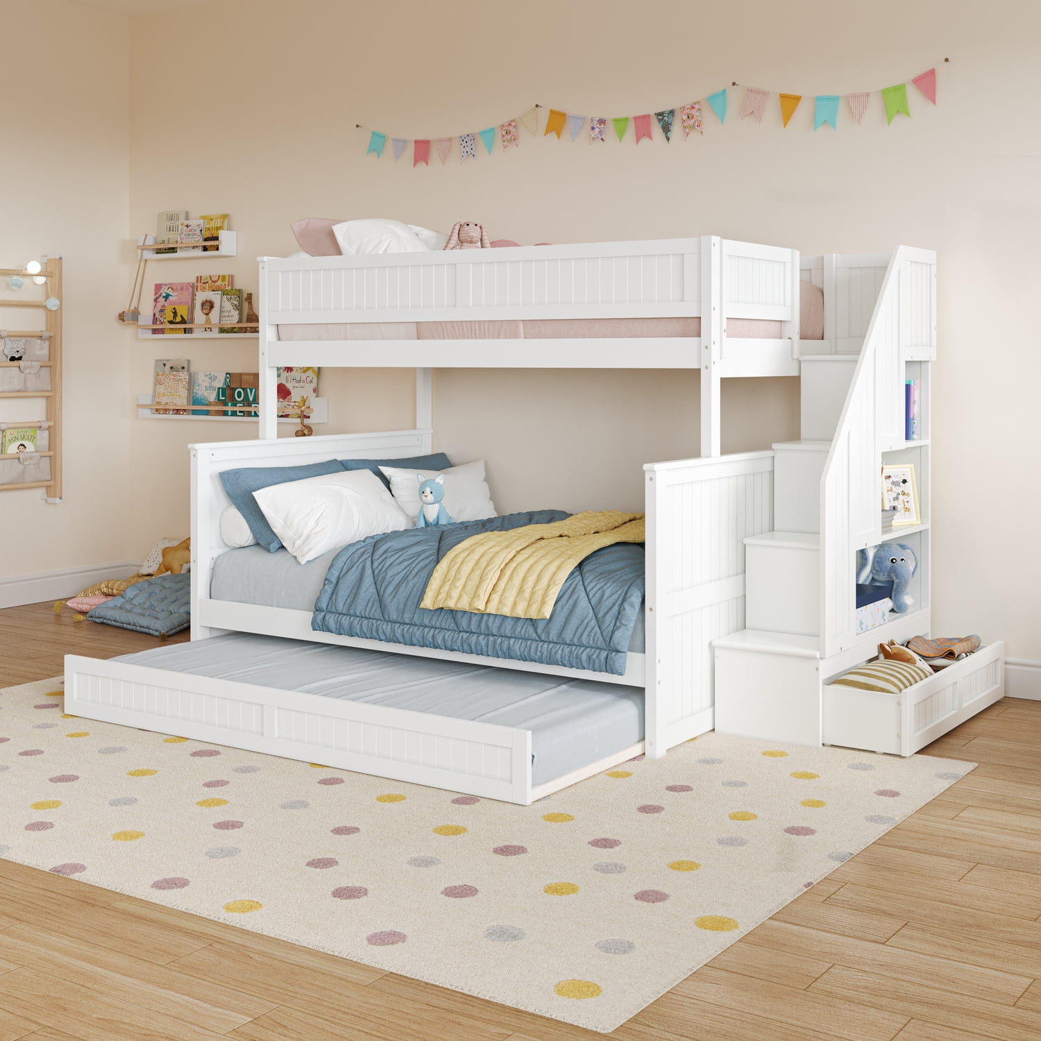 Dover Twin over Full Wood Staircase Bunk Bed with Drawer & Trundle in ...