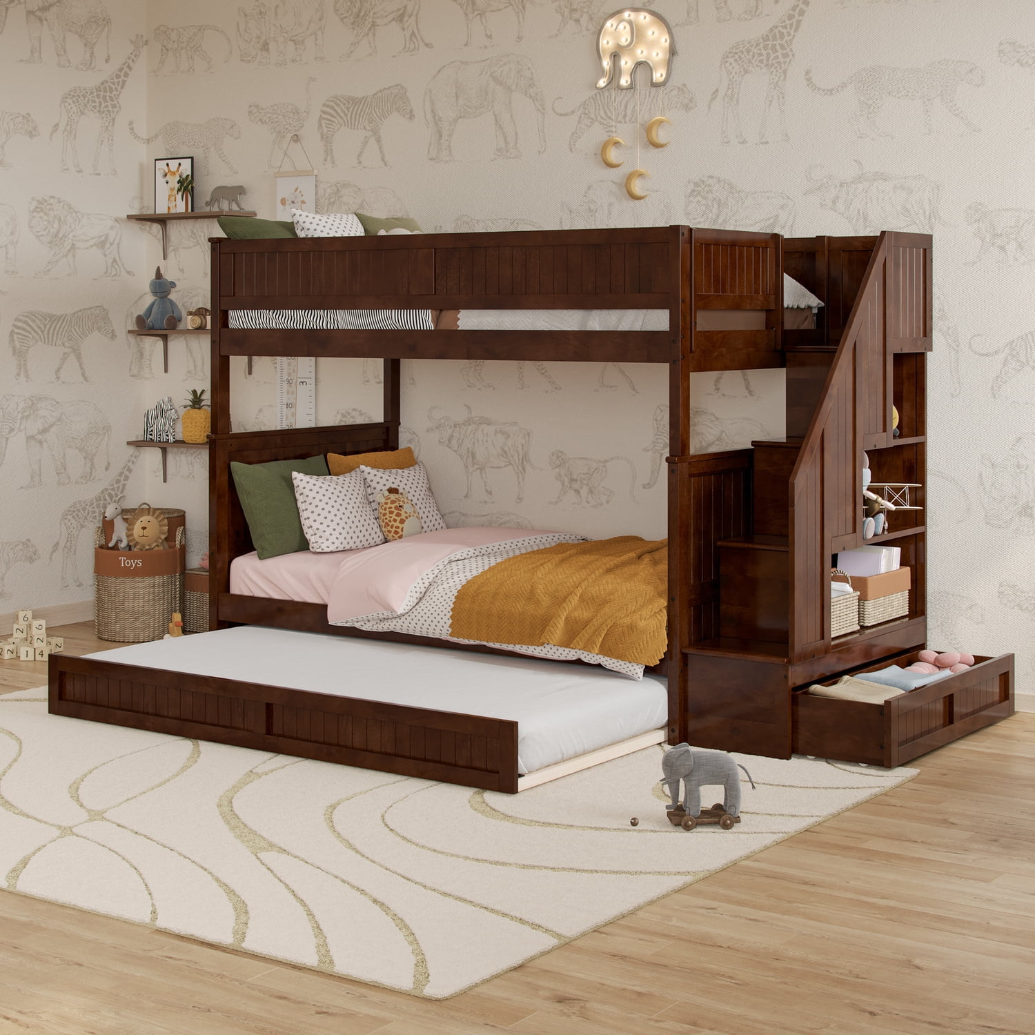 Dover Twin over Twin Wood Staircase Bunk Bed with Drawer & Trundle in ...