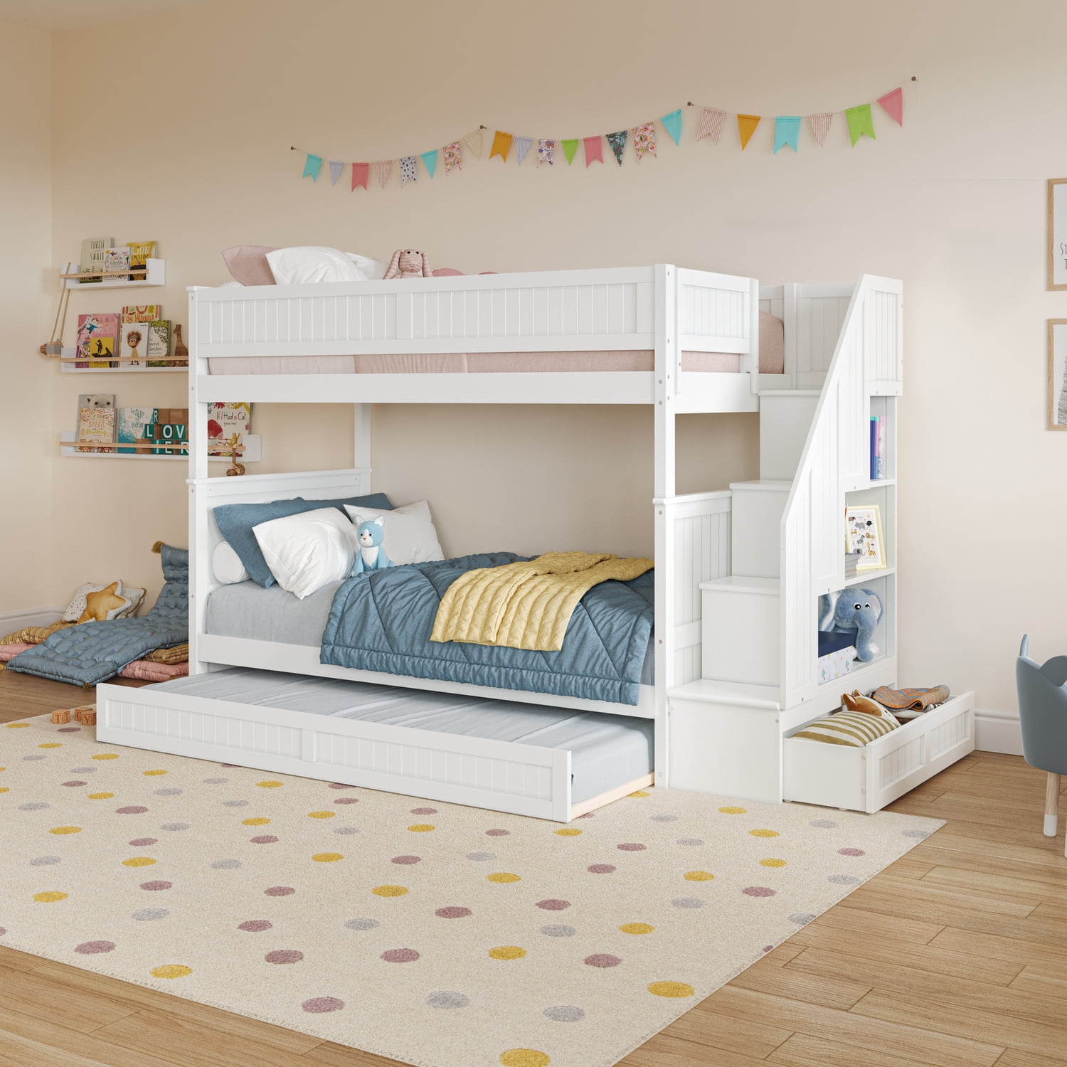 Dover Twin over Twin Wood Staircase Bunk Bed with Drawer & Trundle in ...