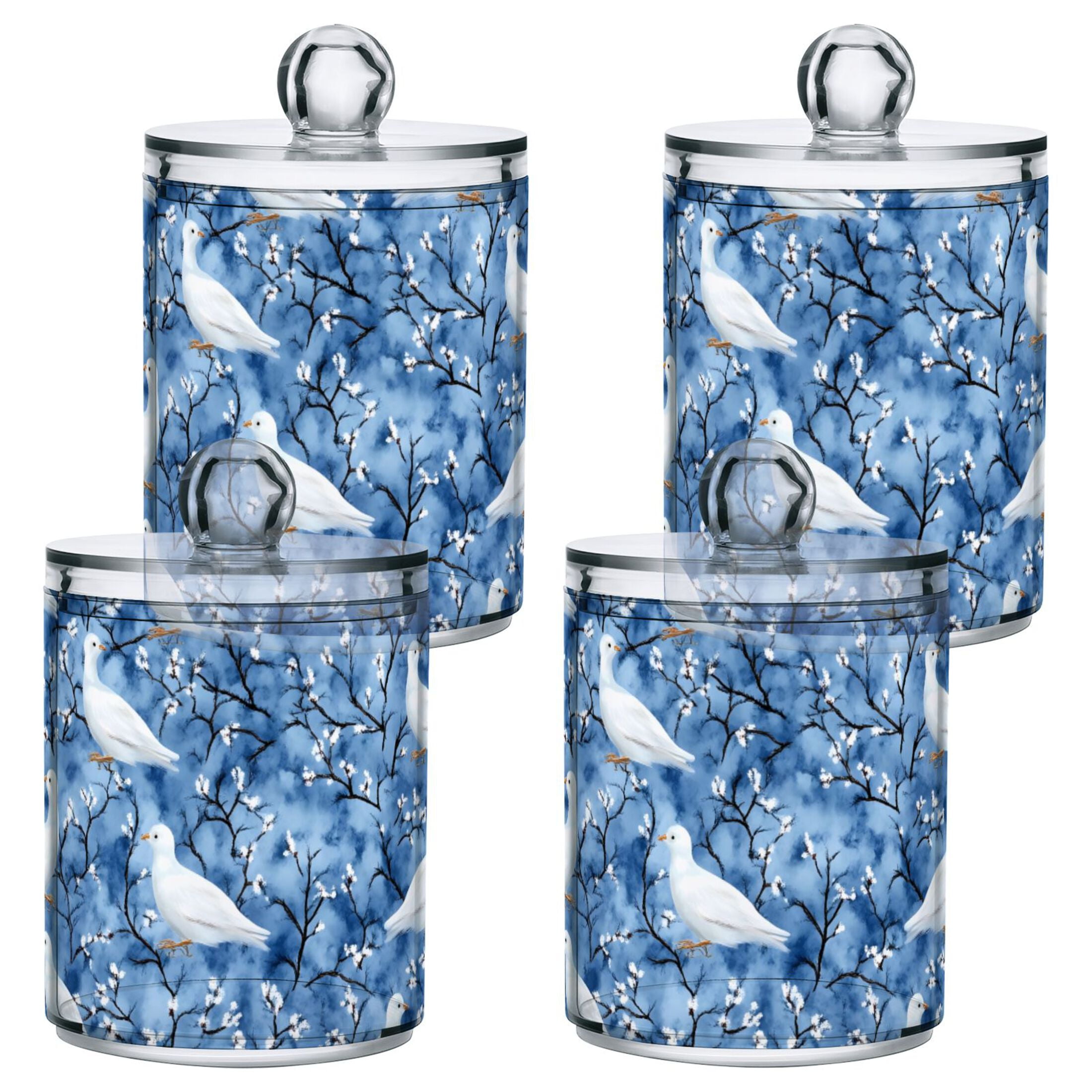 Doves Pattern Bathroom Canisters Set of 4 Translucent Plastic Storage ...