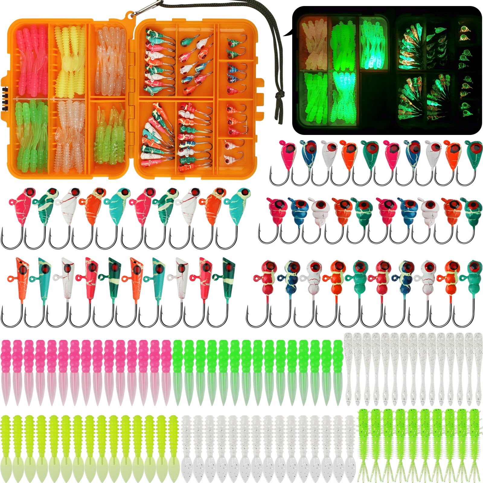 Dovesun 135 PCS Ice Fishing Kit – Glow Jigs & Soft Lures Set for ...