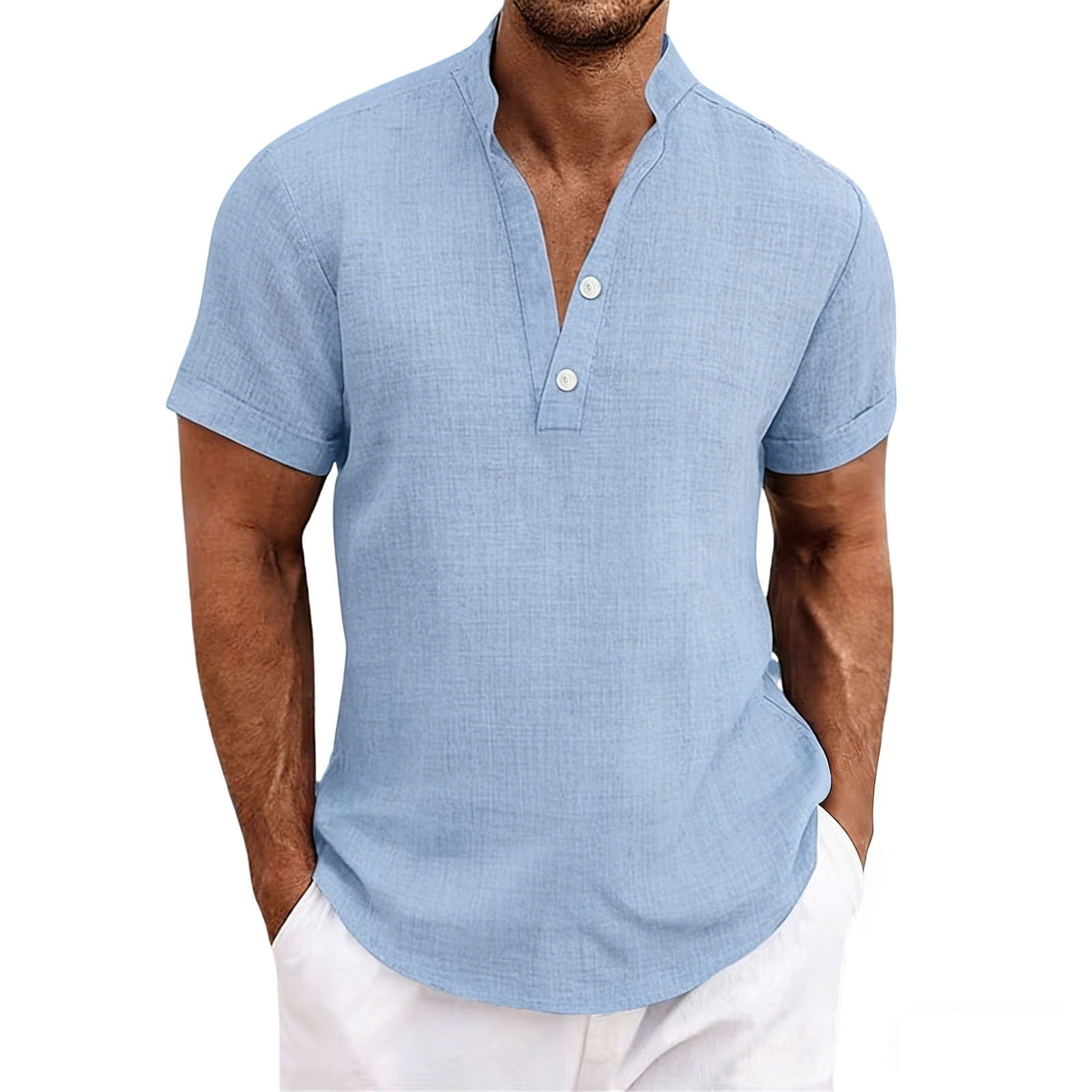 Dovford Men's Casual Henley Shirt Short Sleeve Band Collar Linen Shirt ...