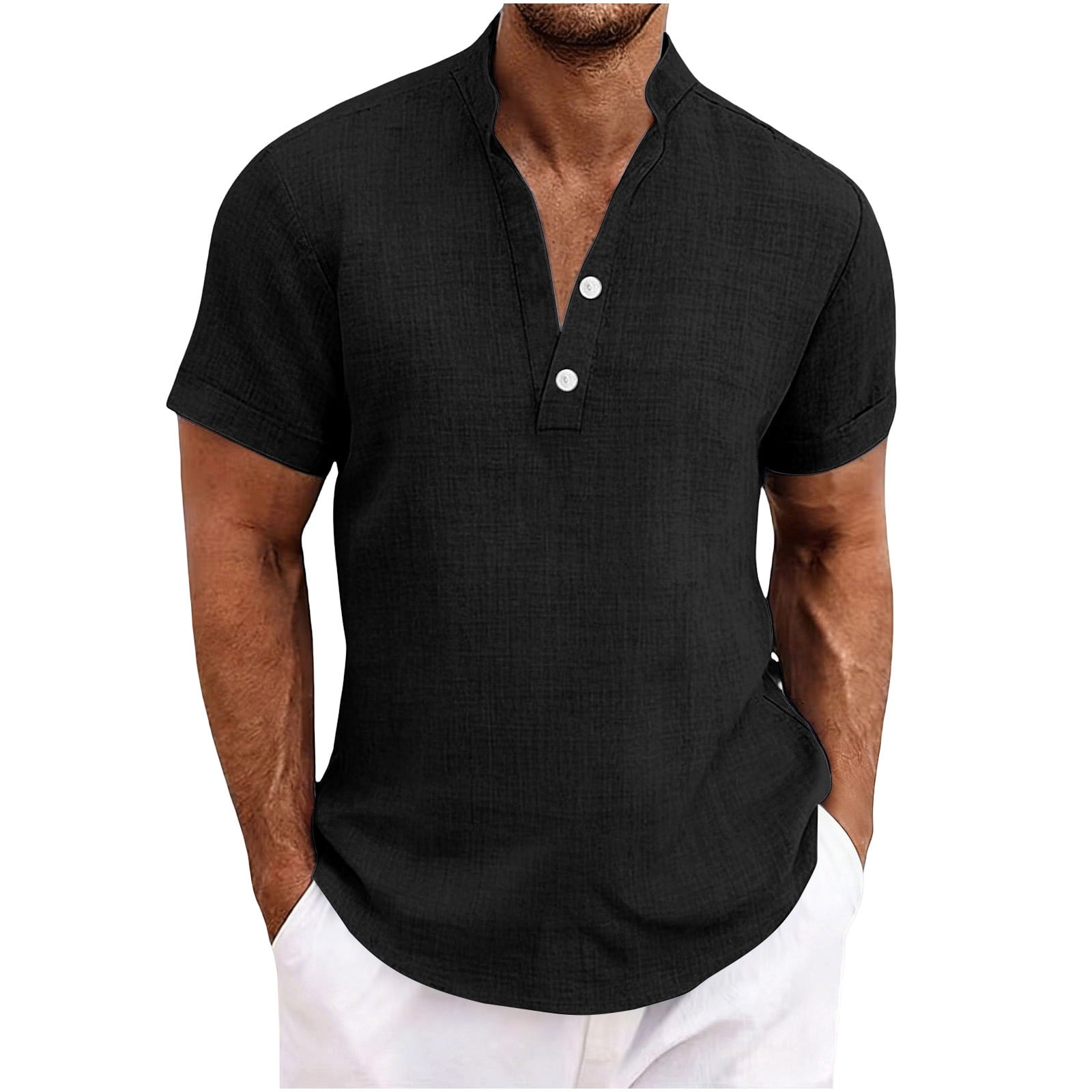 Dovford Men's Casual Henley Shirt Short Sleeve Band Collar Linen Shirt ...