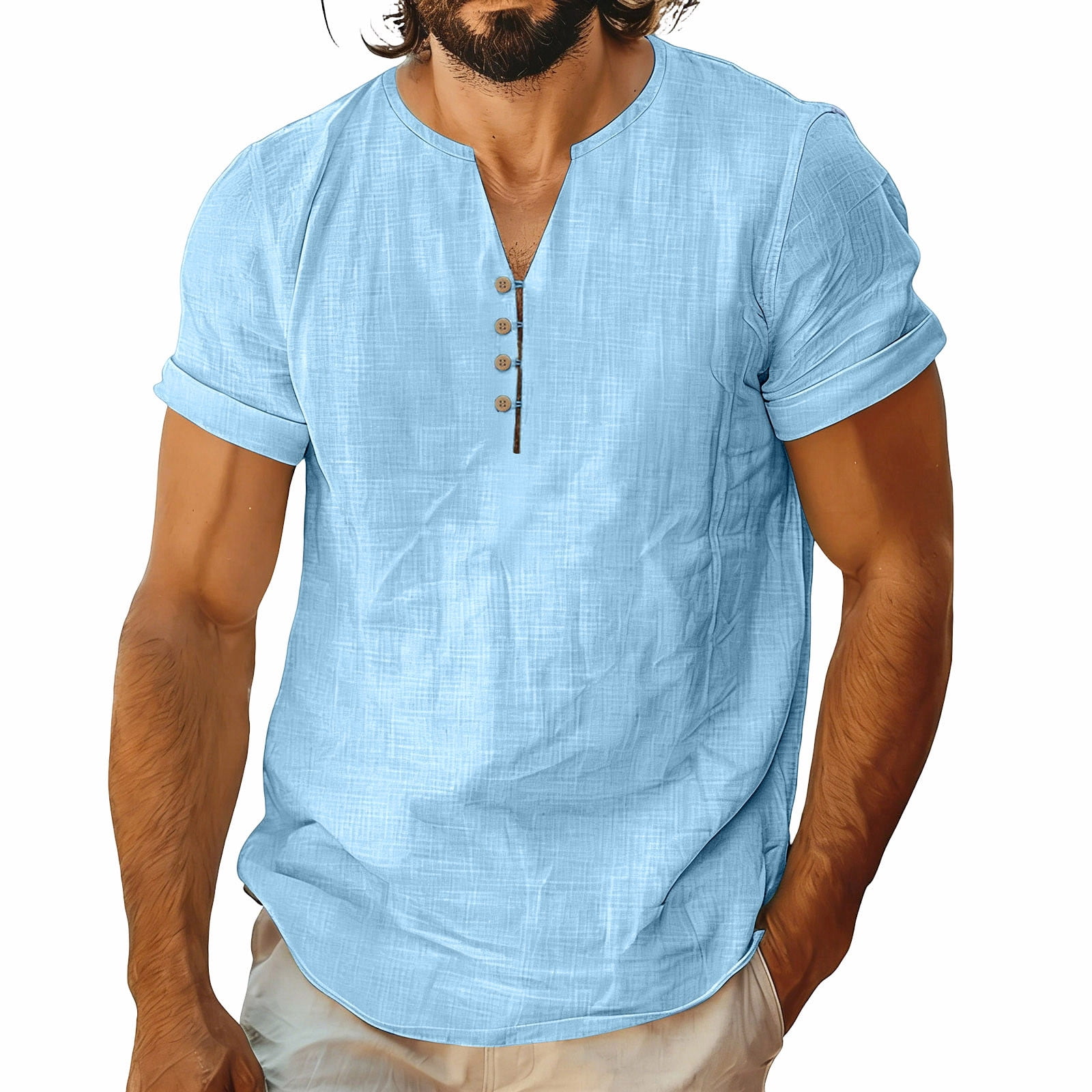 Dovford Men's Casual Henley Shirt Short Sleeve V-Neck Linen Shirt ...