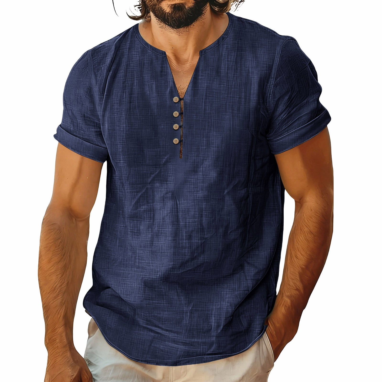 Dovford Men's Casual Henley Shirt Short Sleeve V-Neck Linen Shirt ...