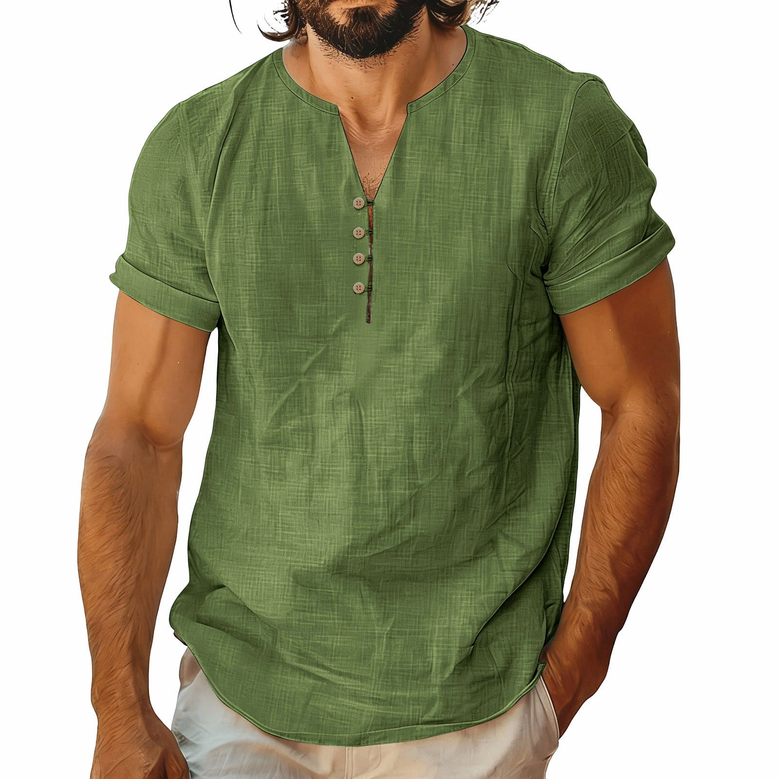 Dovford Men's Casual Henley Shirt Short Sleeve V-Neck Linen Shirt ...
