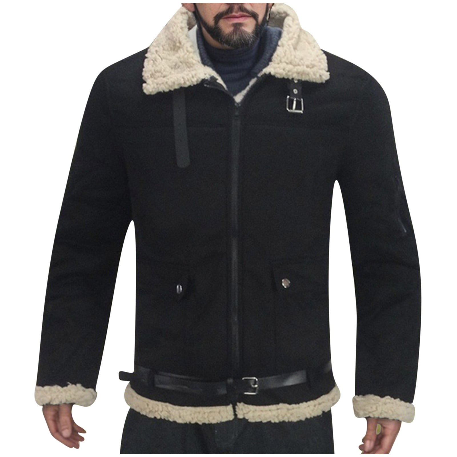 Dovford Men's Lamb Wool Bomber Coat Faux Leather Sherpa Fleece Lined ...