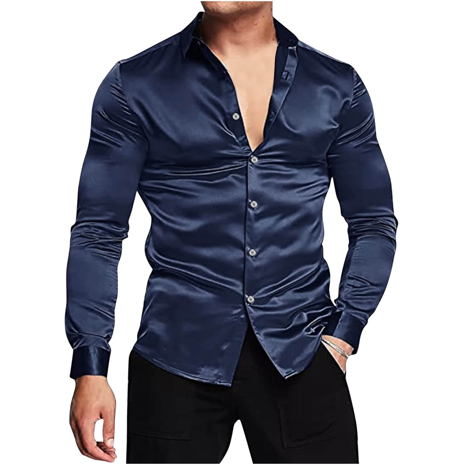 Dovford Men's Luxury Shiny Silk Like Satin Dress Shirt Long Sleeve ...