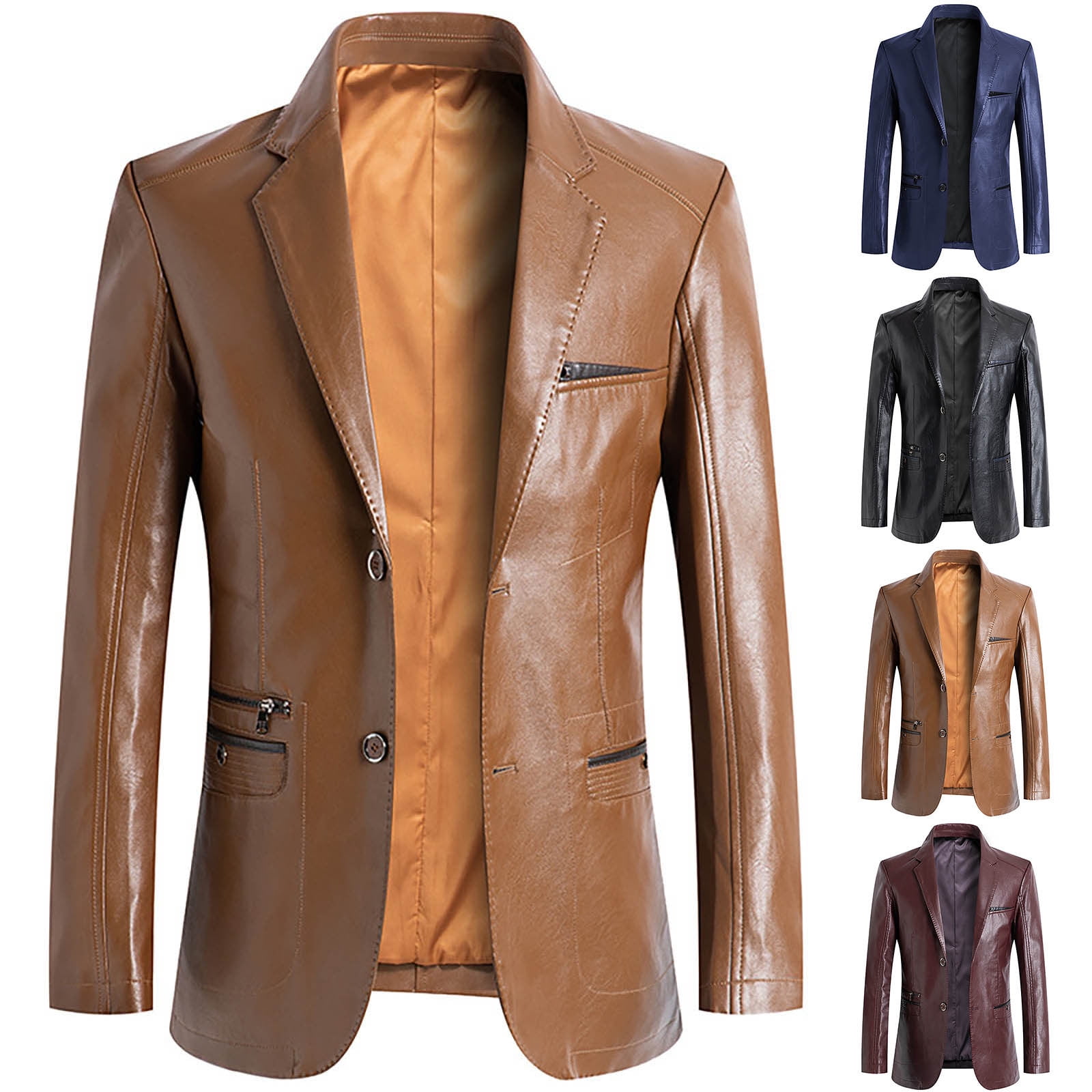 Dovford Mens 2 Button Leather Blazer Jacket Faux Leather Sport Suit ...