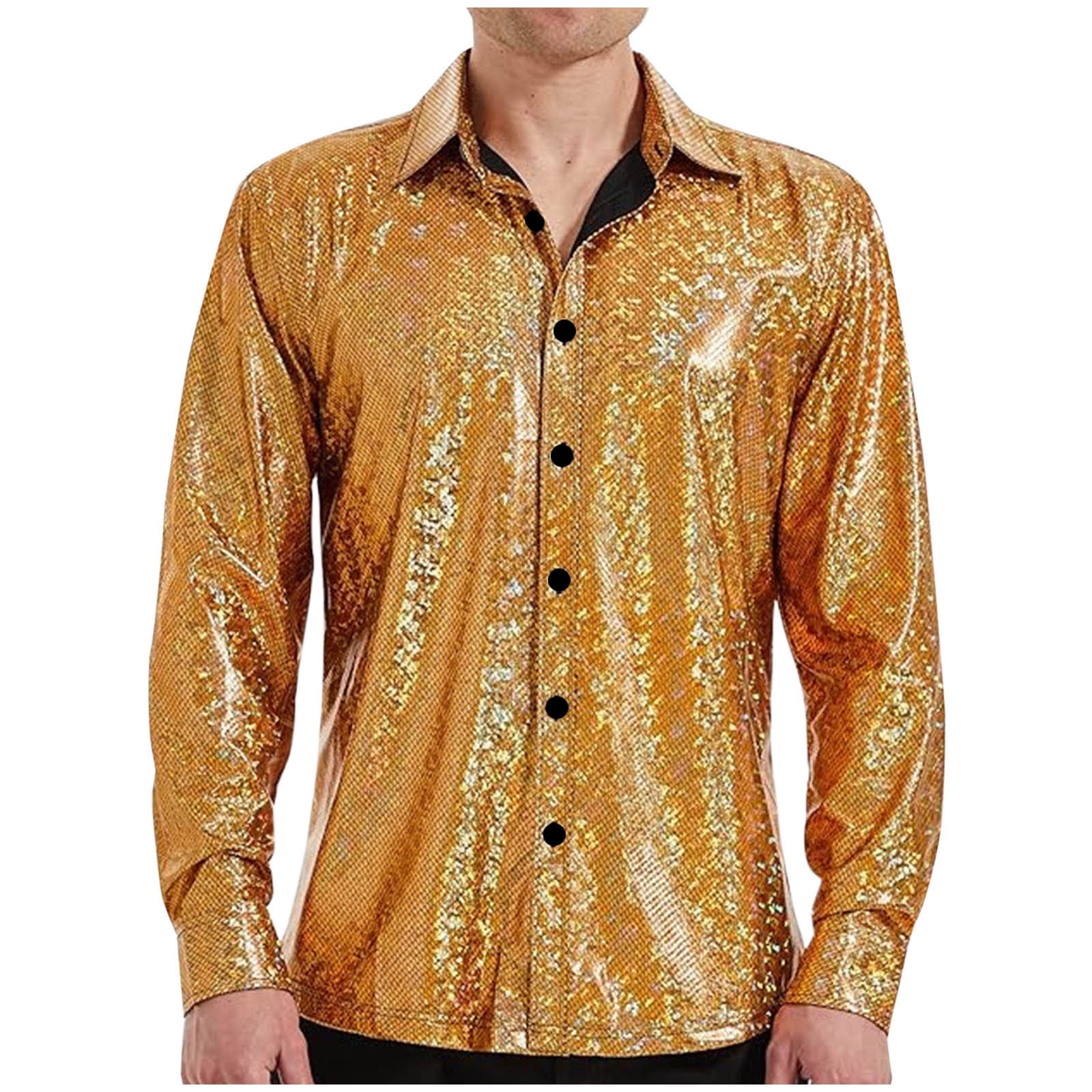Dovford Mens 70s Disco Shirts Party Costume Shiny Long Sleeve Button Down Shirt Party Stage ...