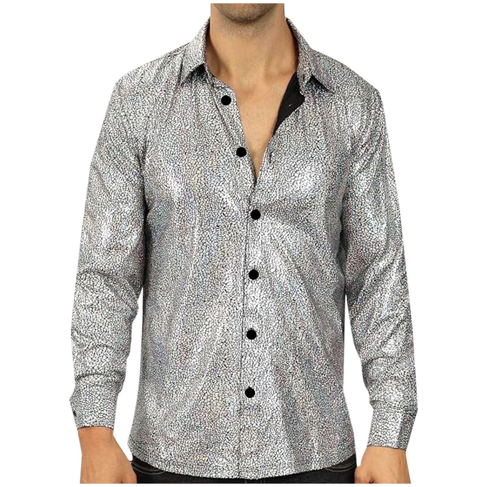 Dovford Mens 70s Disco Shirts Party Costume Shiny Long Sleeve Button ...