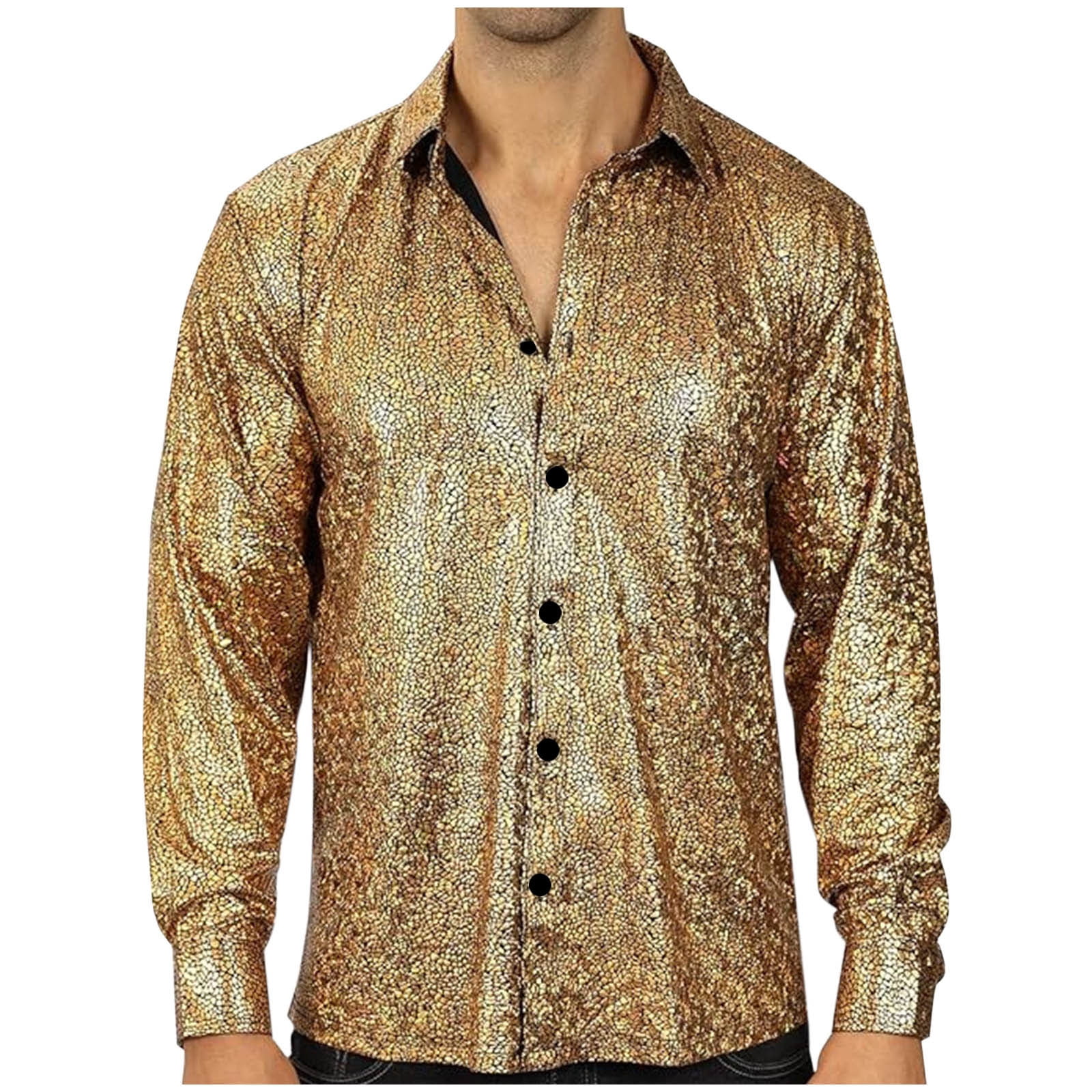 Dovford Mens 70s Disco Shirts Party Costume Shiny Long Sleeve Button ...