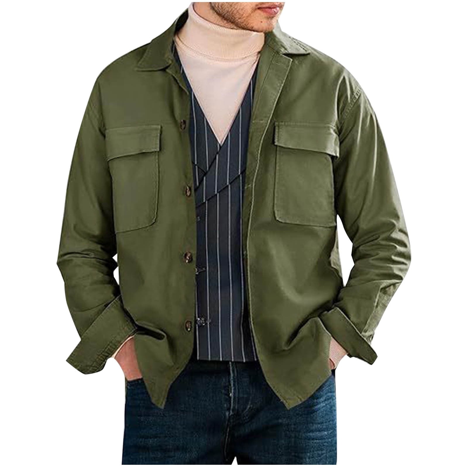 Dovford Mens Button Down Shirt Jacket Casual Cotton Military Shacket ...