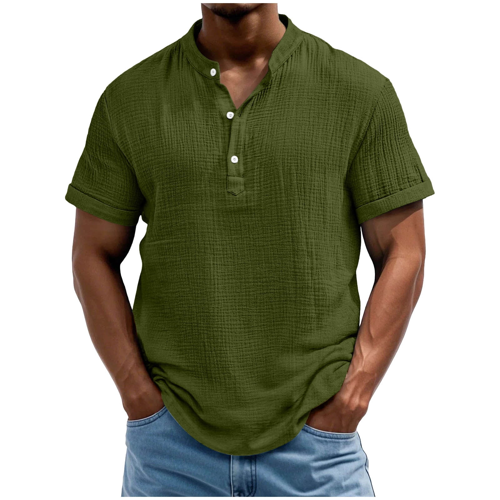 Dovford Mens Casual Henley Shirt Short Sleeve Band Collar Textured ...