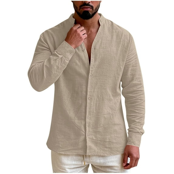 Dovford Mens Casual Linen Shirts 3/4 Sleeve Button Down Banded Collar ...