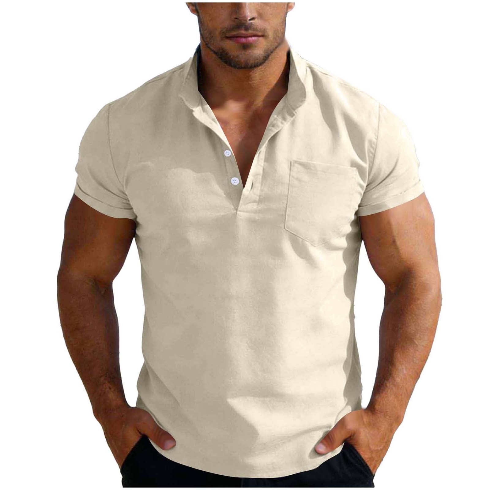 Dovford Mens Cotton Linen Casual Henley Shirts Band Collar Short Sleeve ...