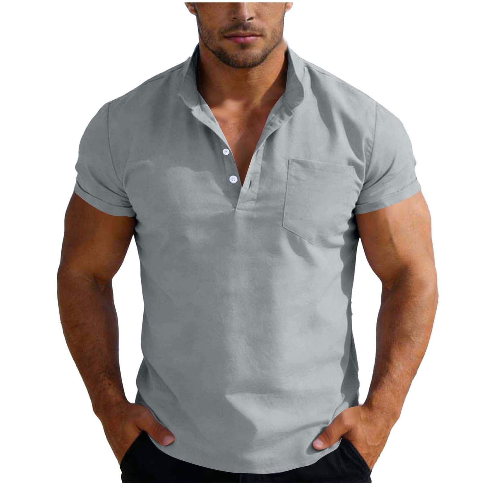 Dovford Mens Cotton Linen Casual Henley Shirts Band Collar Short Sleeve ...