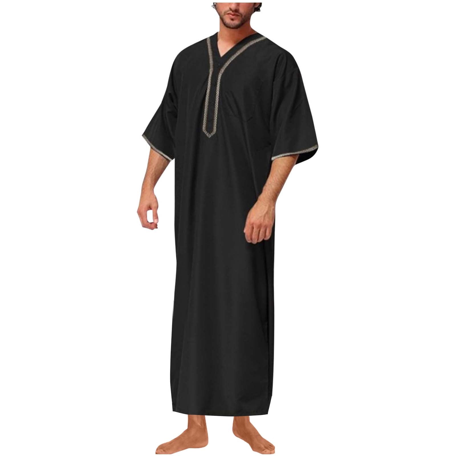 Dovford Mens Embroided V Neck Muslim Thobe Kaftan Robe Islamic Long ...