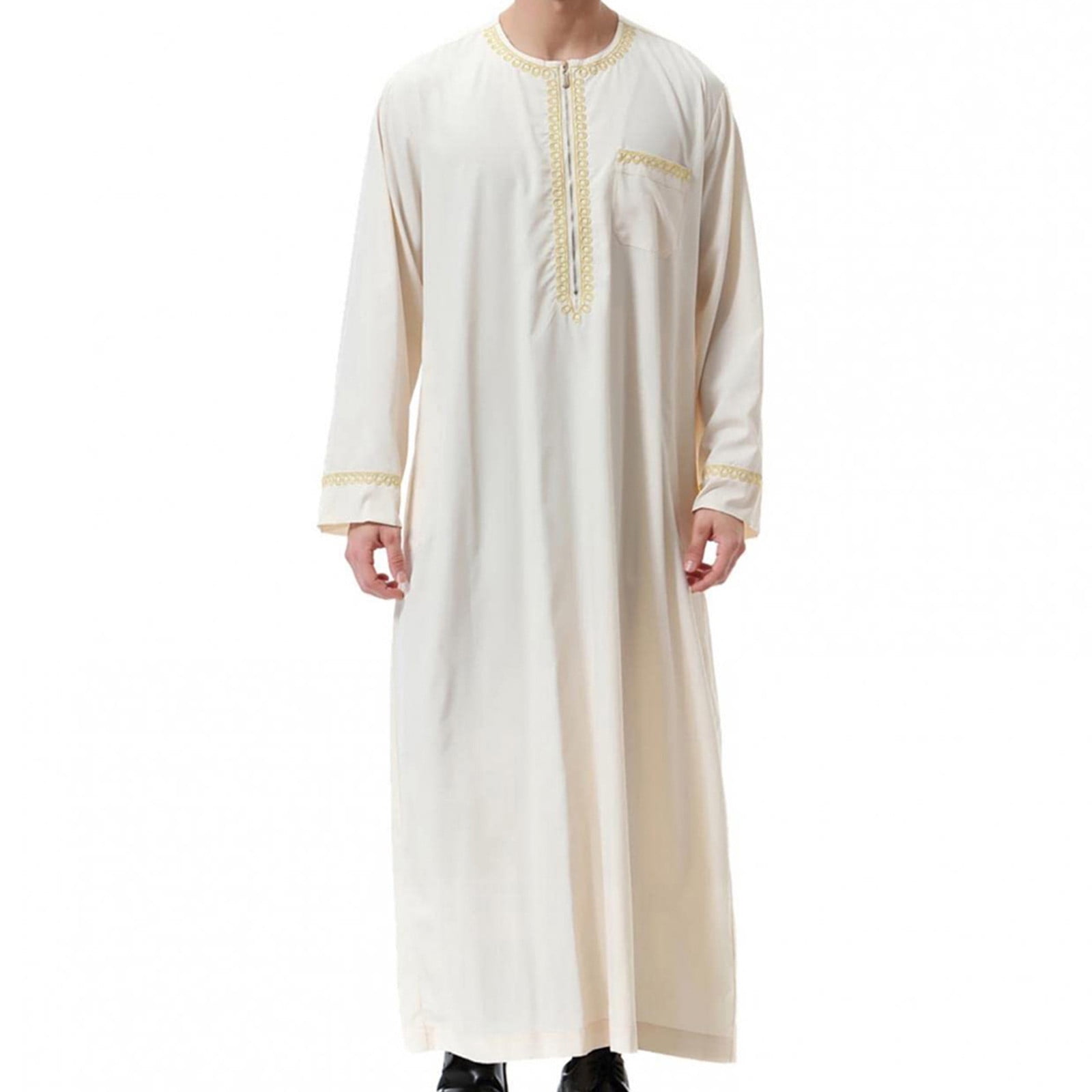 Dovford Mens Embroided V Neck Muslim Thobe Kaftan Robe Islamic Long ...