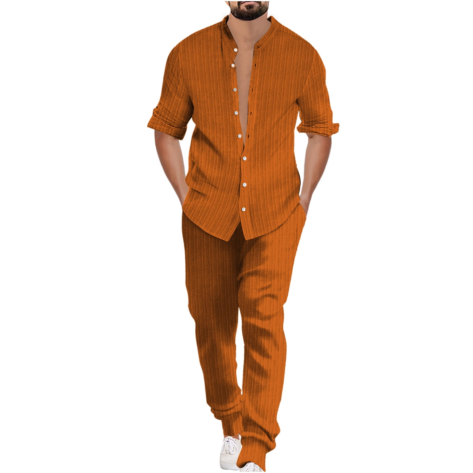 Dovford Mens Leisure Suits 2 Piece Outfits Banded Collar Long Sleeve ...