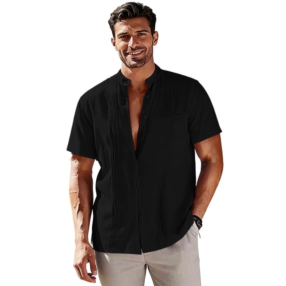 Dovford Mens Linen Guayabera Shirt Short Sleeve Band Collar Button Down ...