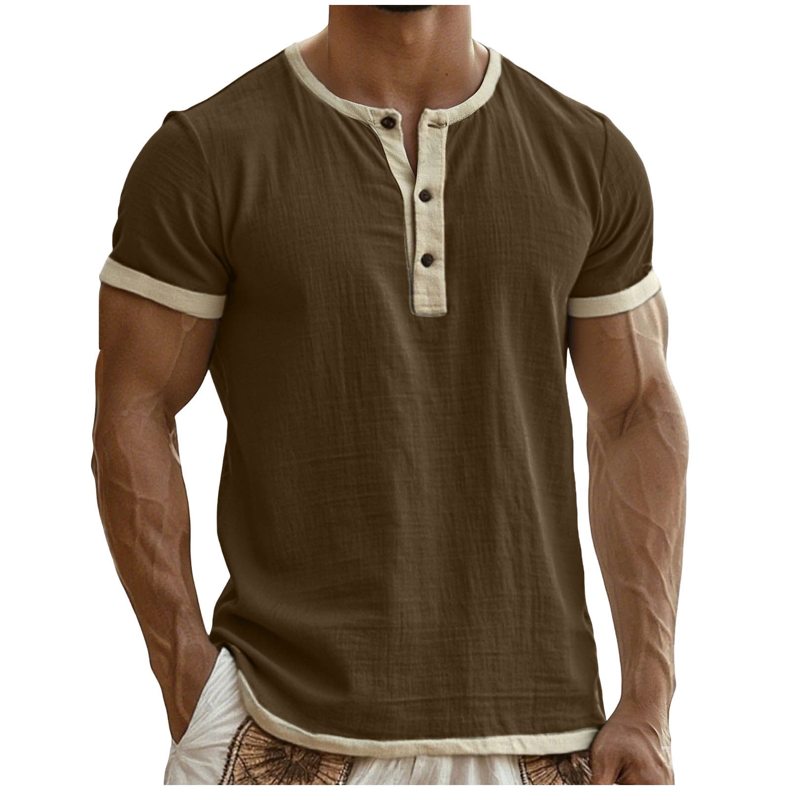 Dovford Mens Linen Short Sleeve Henley Shirt Contrast Trim Casual ...