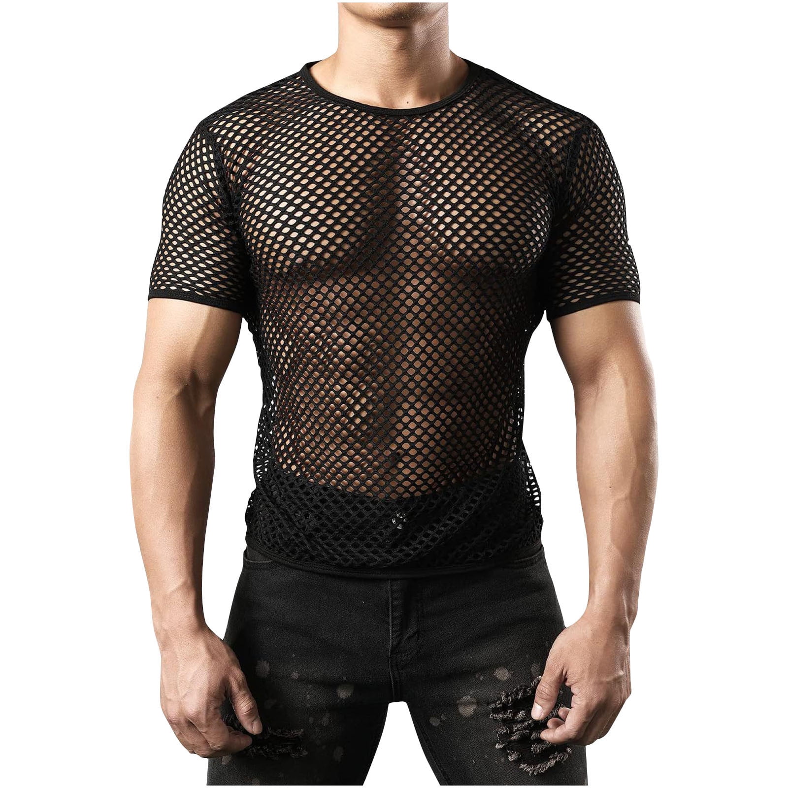 Dovford Mens Mesh Tops Cute Fishnet Semi Sheer Mesh T Shirt Crewneck ...