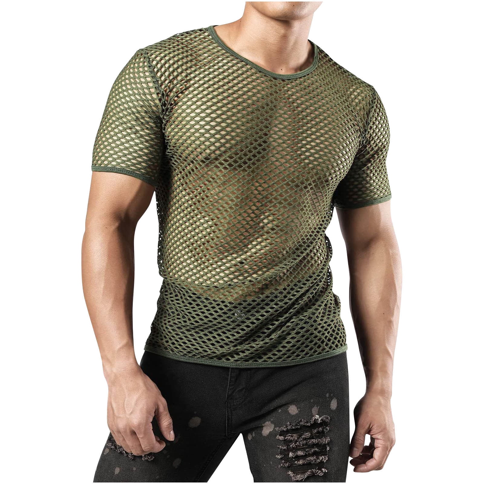 Dovford Mens Mesh Tops Cute Fishnet Semi Sheer Mesh T Shirt Crewneck ...