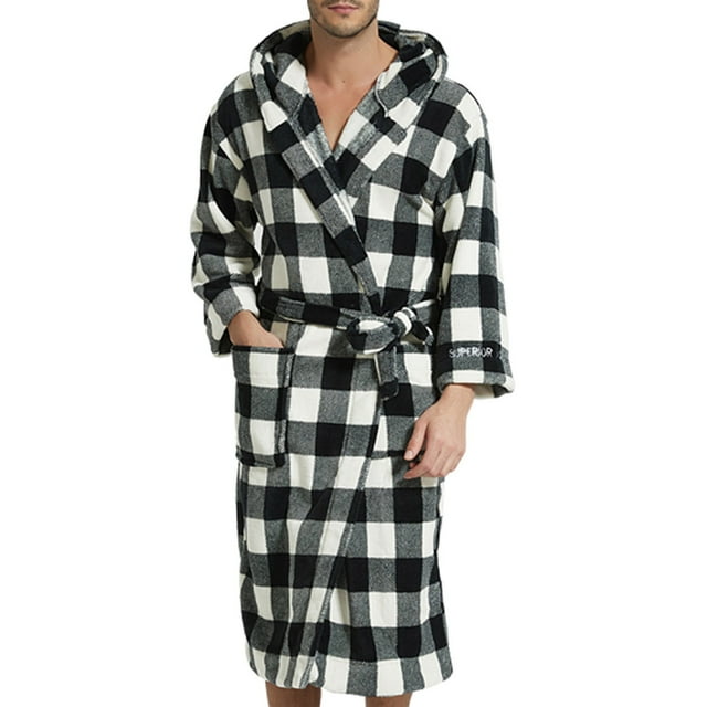 Dovford Mens Robes Big and Tall with Hood Plaid Flannel Fleece Contrast Bathrobe Full Length ...