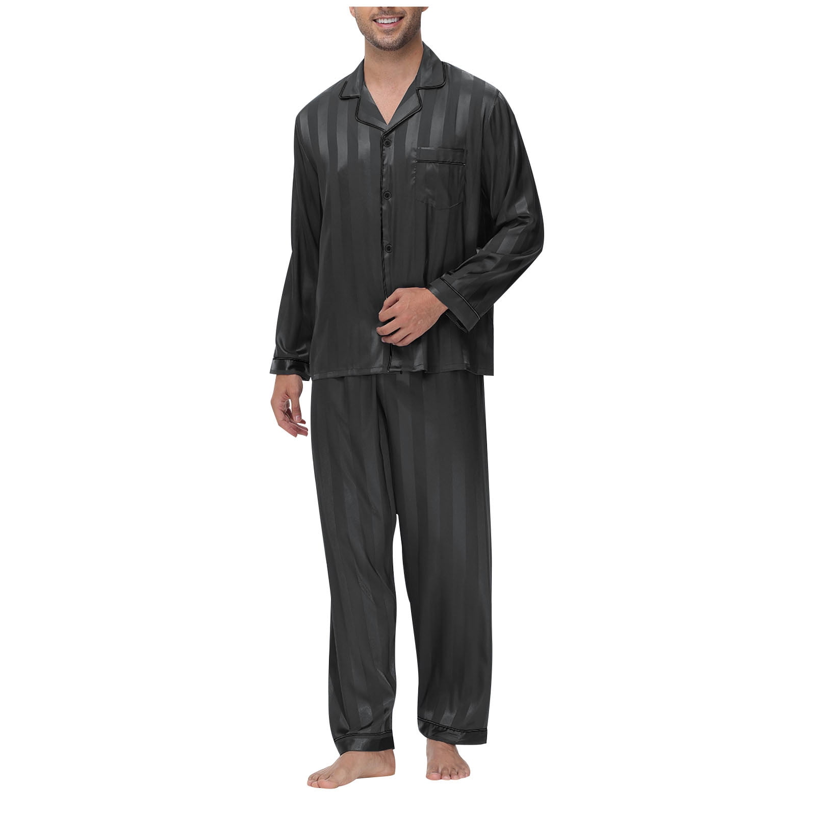 Dovford Mens Silky Satin Pajamas Set Long Sleeve Top and Long pants ...