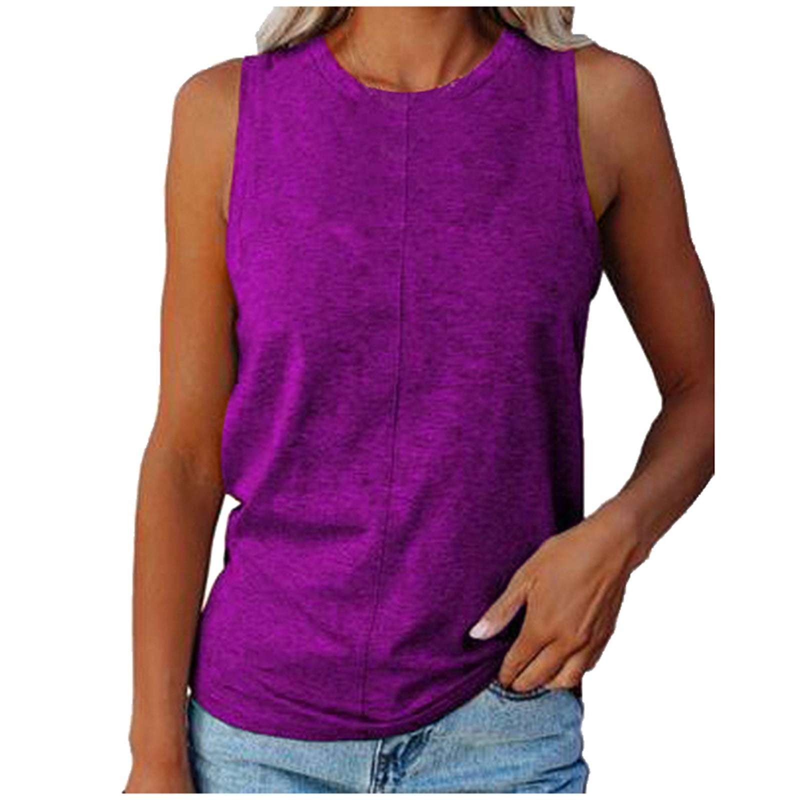 Womens Crew Neck Tank Tops Sleeveless T Shirts Summer Solid Color ...