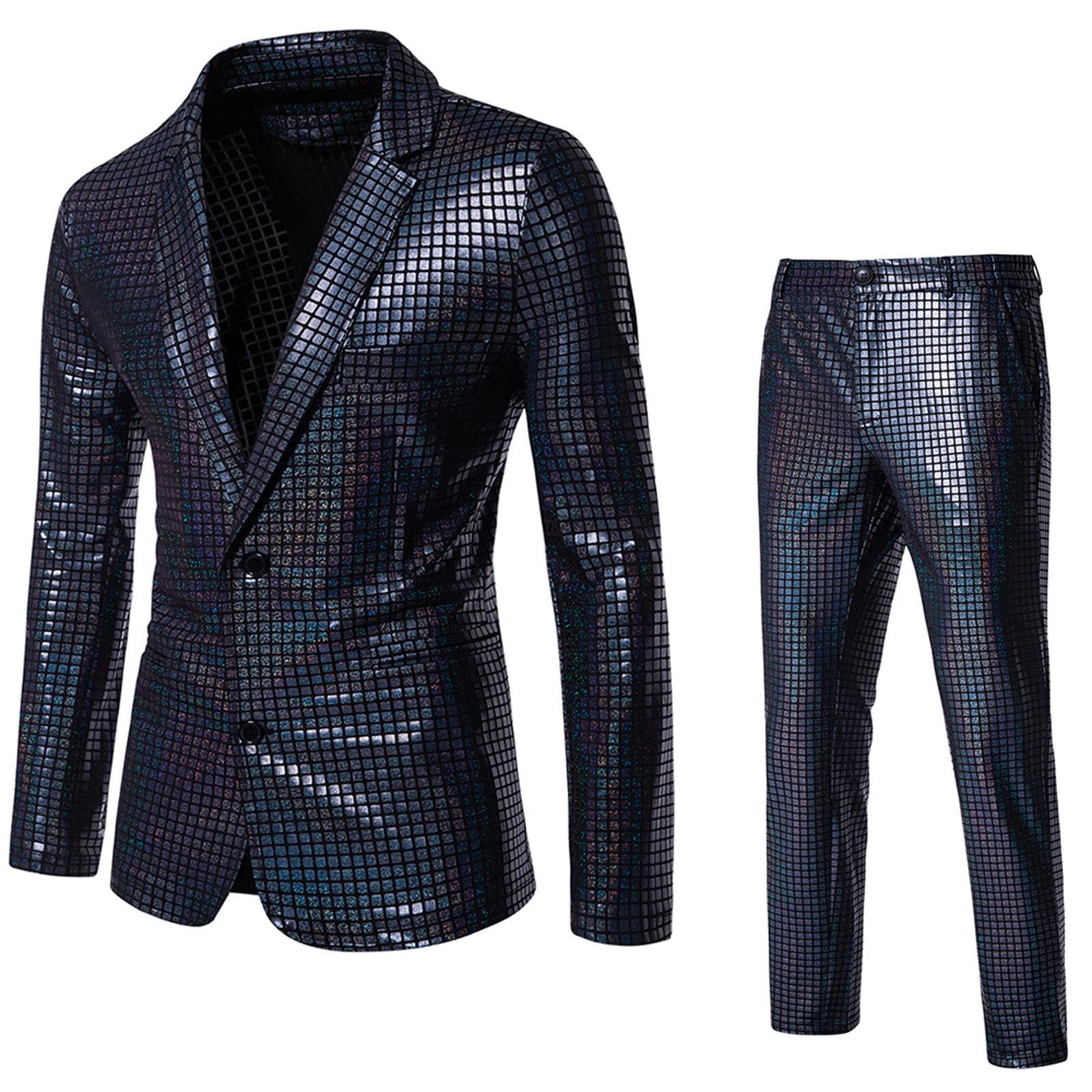 Dovford Sequin Blazer Metallic Slim Suit 2 Piece Set Disco Prom Shiny ...