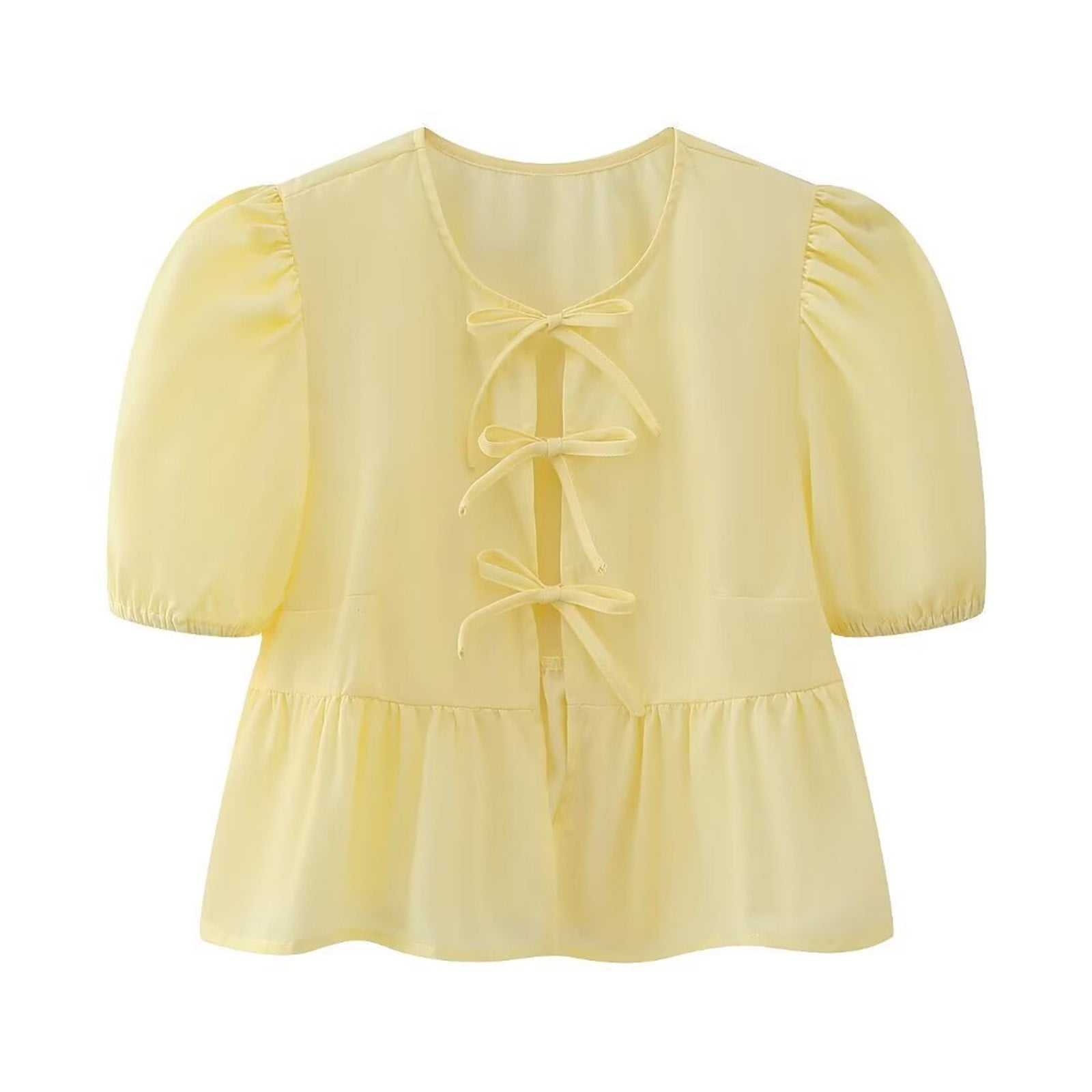 Dovford Women Bow Tie Front Shirt Top Cute Puff Sleeve Y2K Peplum ...