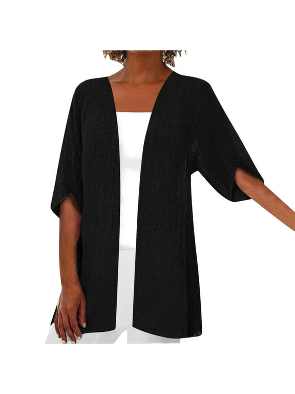 Dyegold Women's 3/4 Sleeve Lightweight Linen Cotton Cardigan - Casual ...