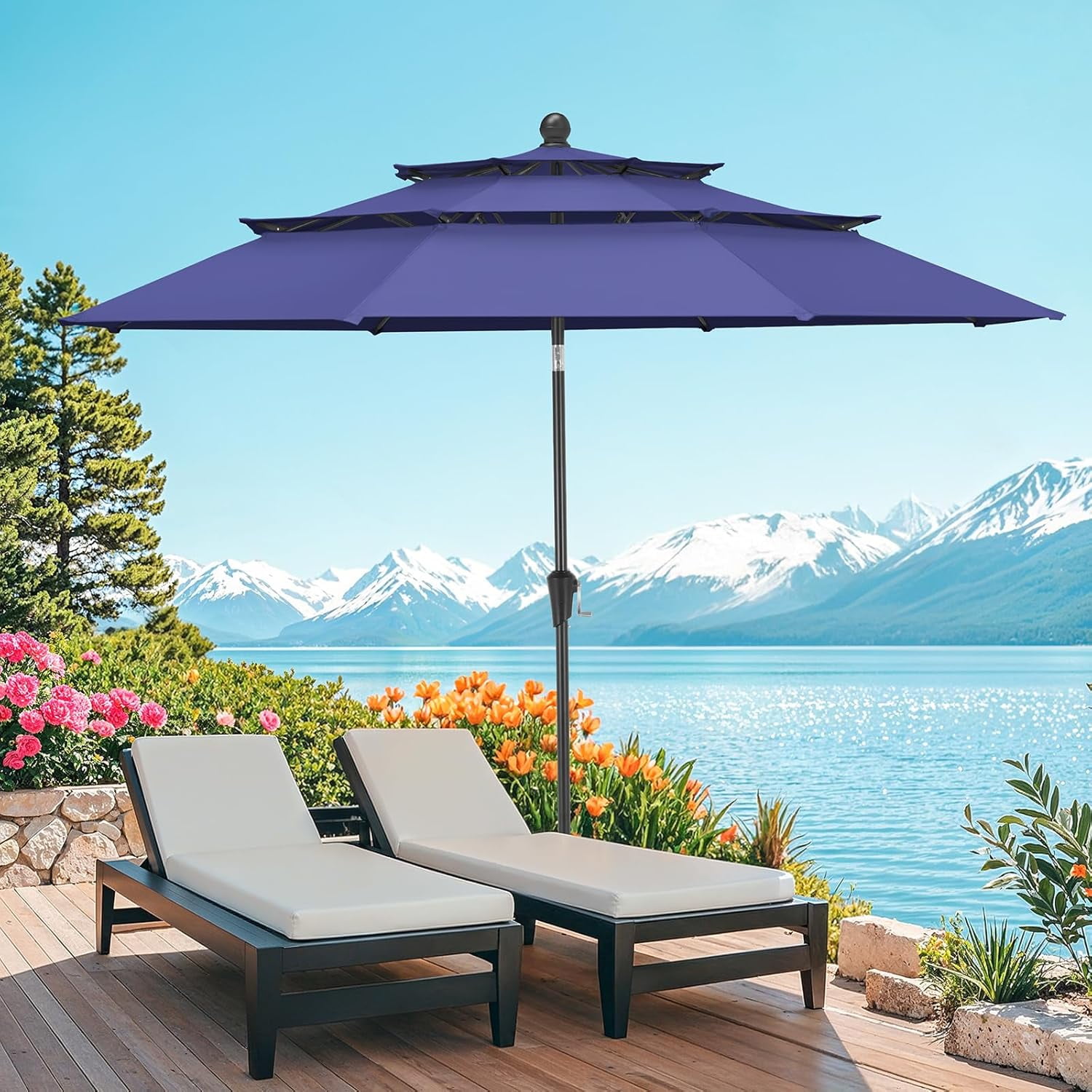 Dovov 10ft Patio Umbrella with Crank & Push Button Tilt, 3 Tier Vented Outdoor Market Umbrellas ...