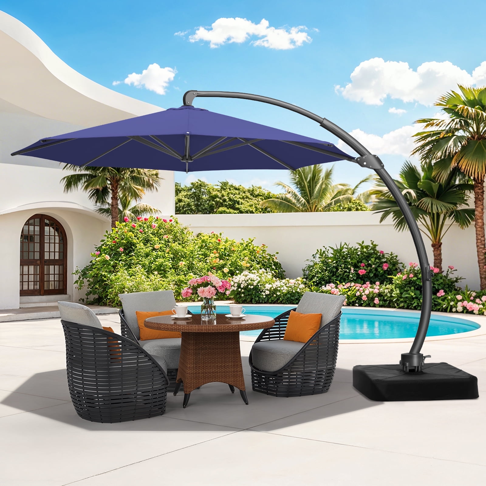 Dovov 11ft Patio Umbrella with Base, Aluminum Deluxe Round Curvy Cantilever Umbrella Large 360 ...
