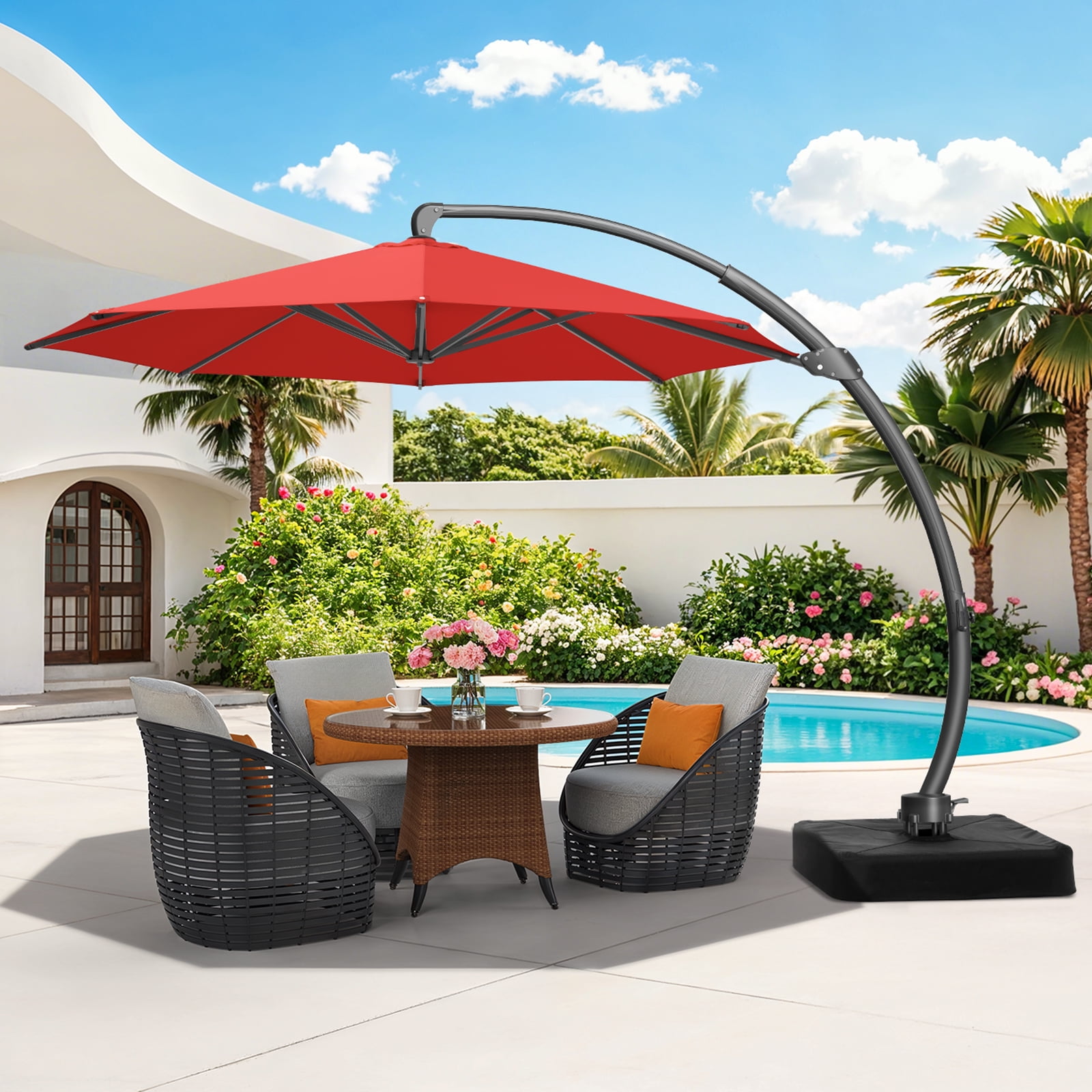 Dovov 11ft Patio Umbrella with Base, Aluminum Deluxe Round Curvy Cantilever Umbrella Large 360 ...