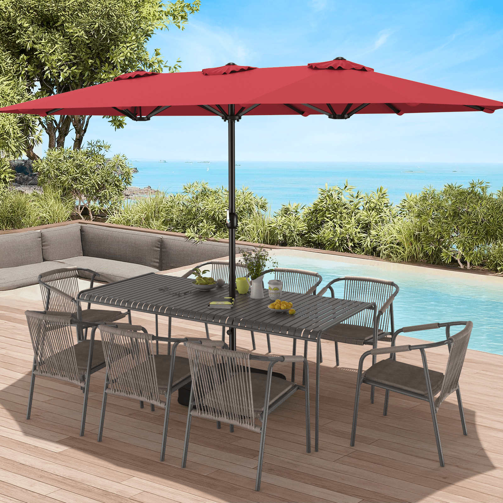 Dovov 15ft Outdoor Patio Umbrella with Base Included, Double Sided Extra Large Outdoor Market ...