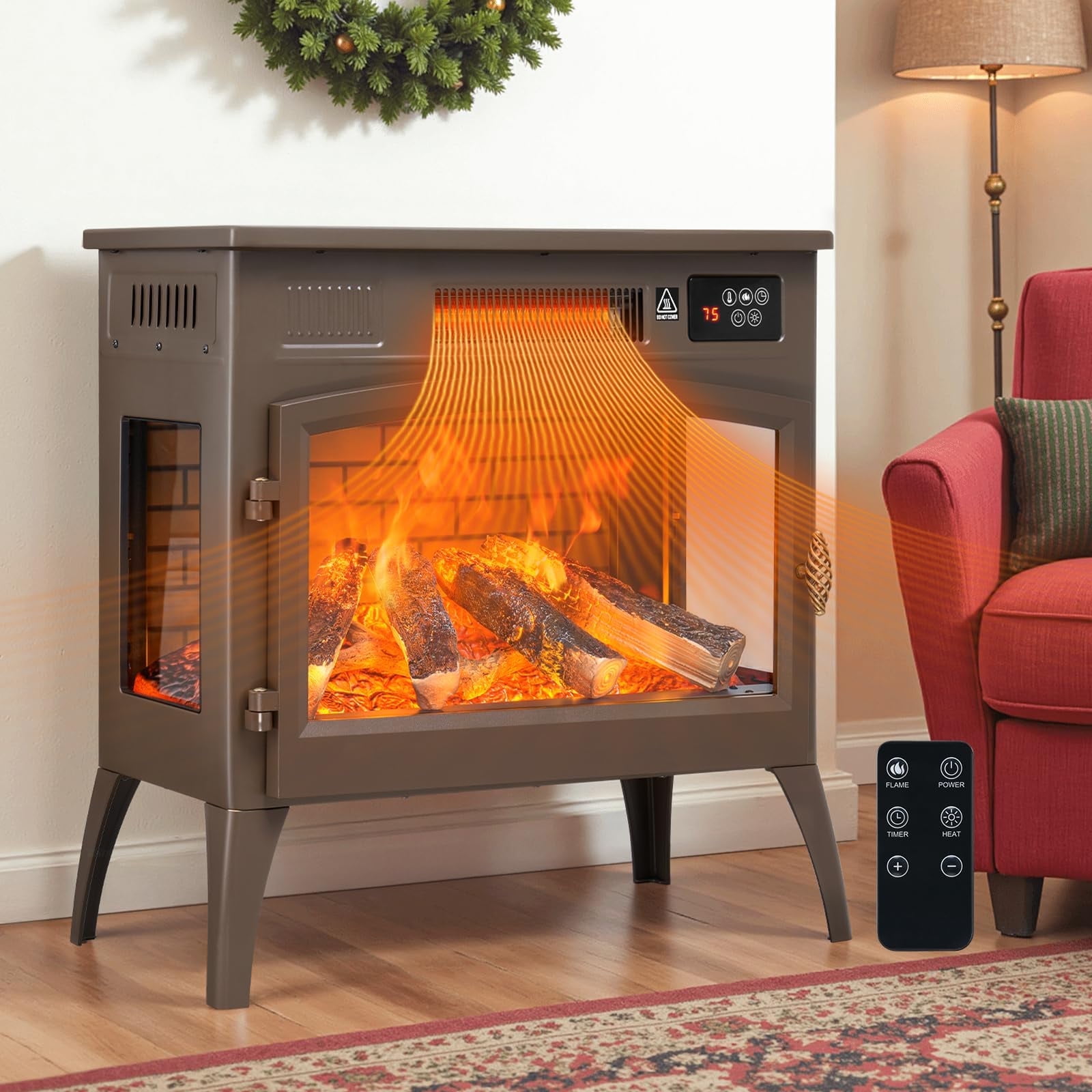 Dovov 24" Electric Fireplace Heater, Freestanding Electric Fireplace Stove with 3D Realistic ...
