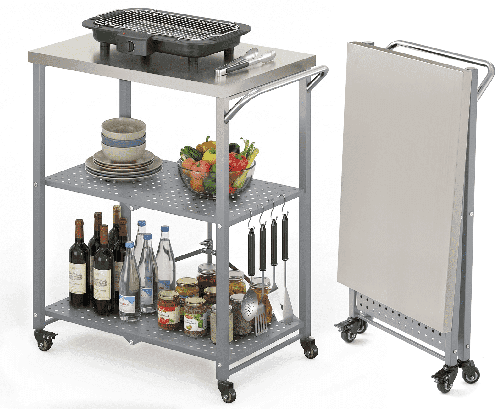 Dovov Foldable Outdoor Grill Cart on Wheels, 3 Tiers Outdoor Food Prep ...