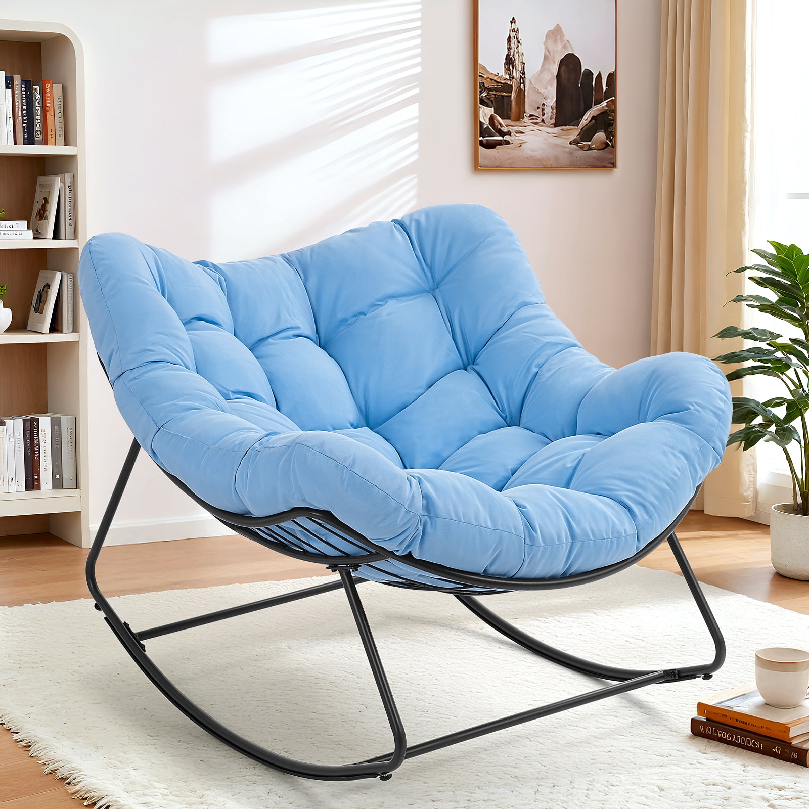 Dovov Indoor Rocking Chair with Cushion, Oversized Papasan Rocker Chair Comfy Egg Chair Modern ...