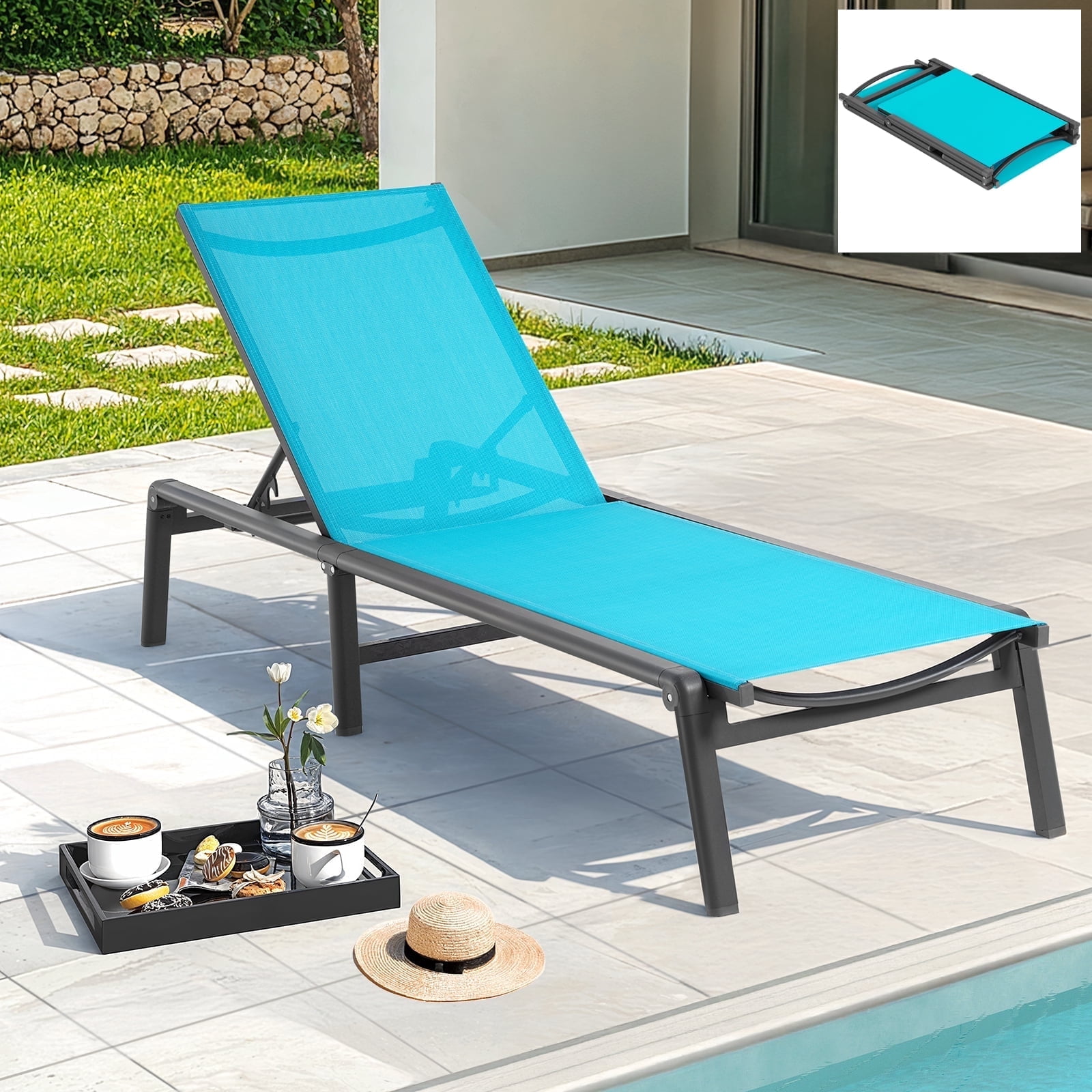 Dovov Aluminum Outdoor Chaise Lounge Chair, Patio Folding Reclining Chair 5 Position Adjustable ...