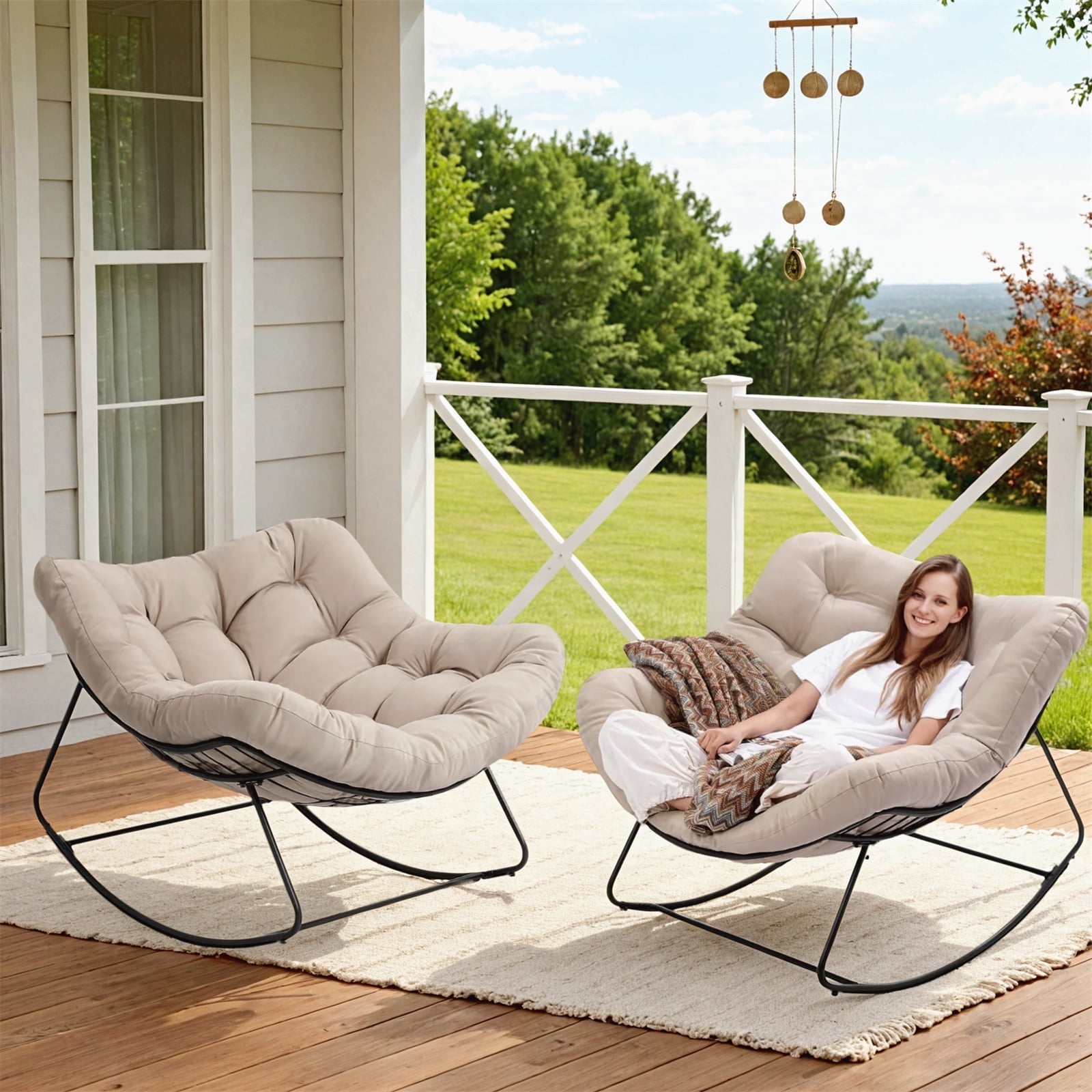 Dovov Outdoor Rocking Chair Set of 2, Oversized Papasan Rocking Chair with Cushion, Outdoor ...