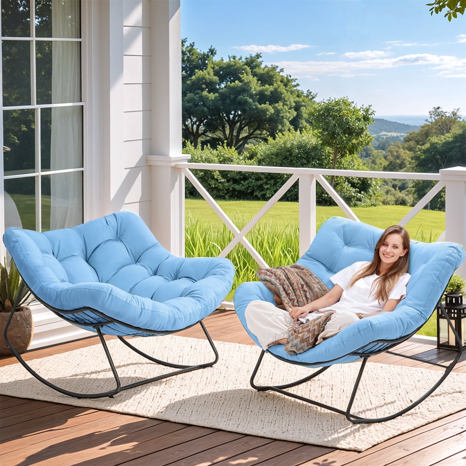 Dovov Outdoor Rocking Chair Set of 2, Oversized Papasan Rocking Chair with Cushion, Outdoor ...