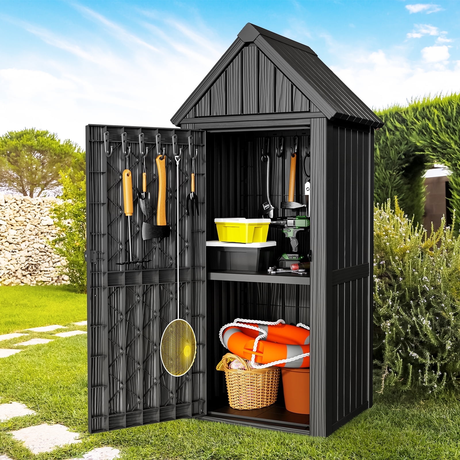 Dovov Outdoor Storage Shed Garden Tool Shed Outdoor Plastic Waterproof Storage Cabinet with ...
