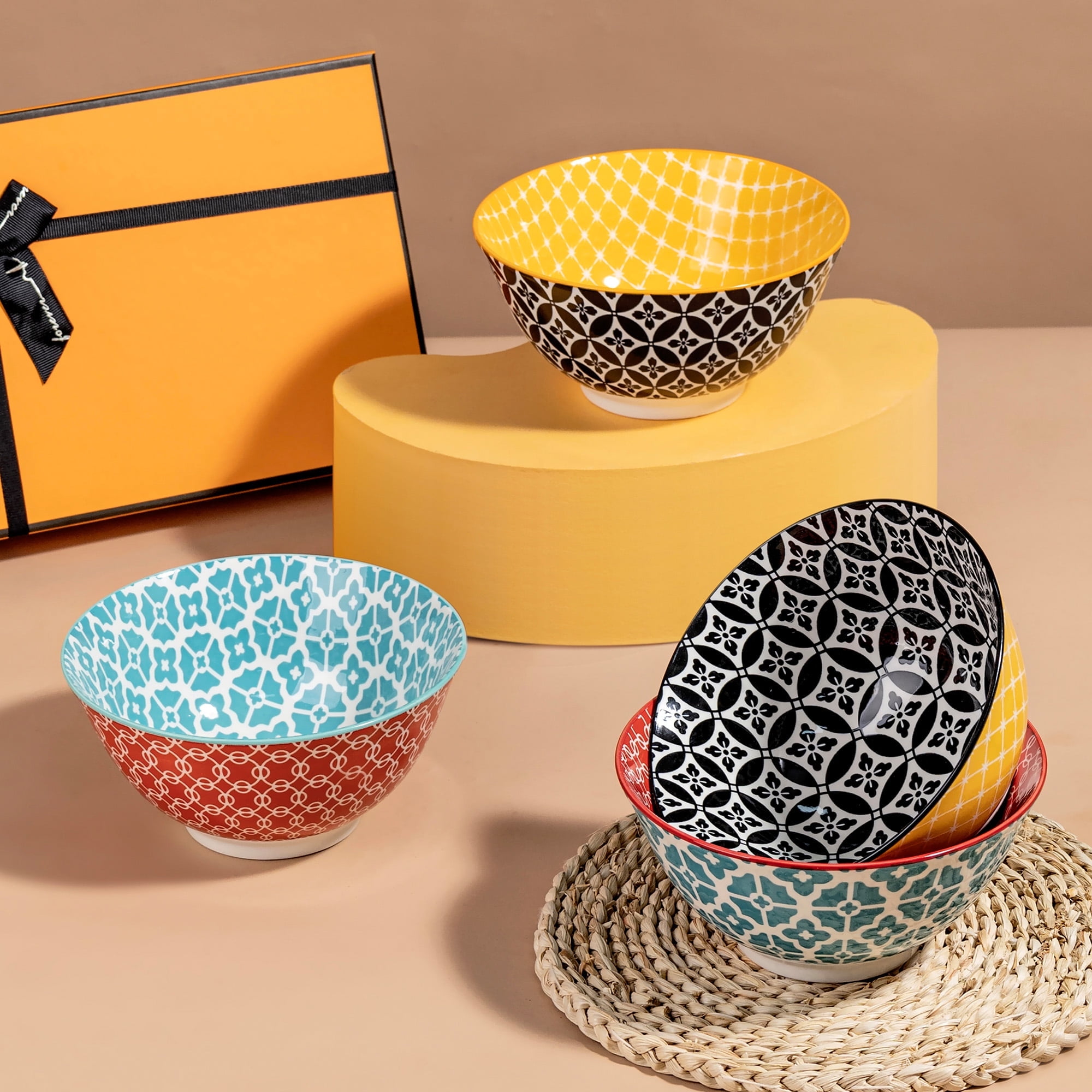 Dowan 4-Piece 6.8-Inch Vibrant Joy 32OZ Colorful Kitchen Ceramic Deep ...