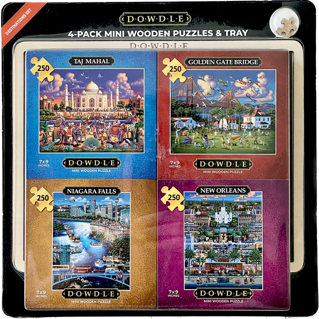 "Dowdle Kids Jigsaw - 4-Pack Mini Wooden Puzzles & Tray, Destinations ...