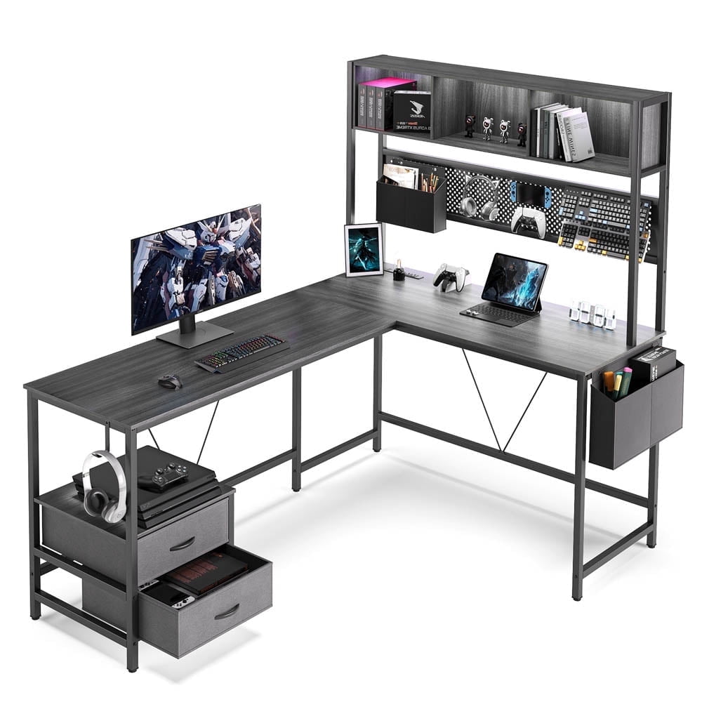 Dowinx 67 Inch L Shaped Gaming Desk with Pegboard and Drawers ...