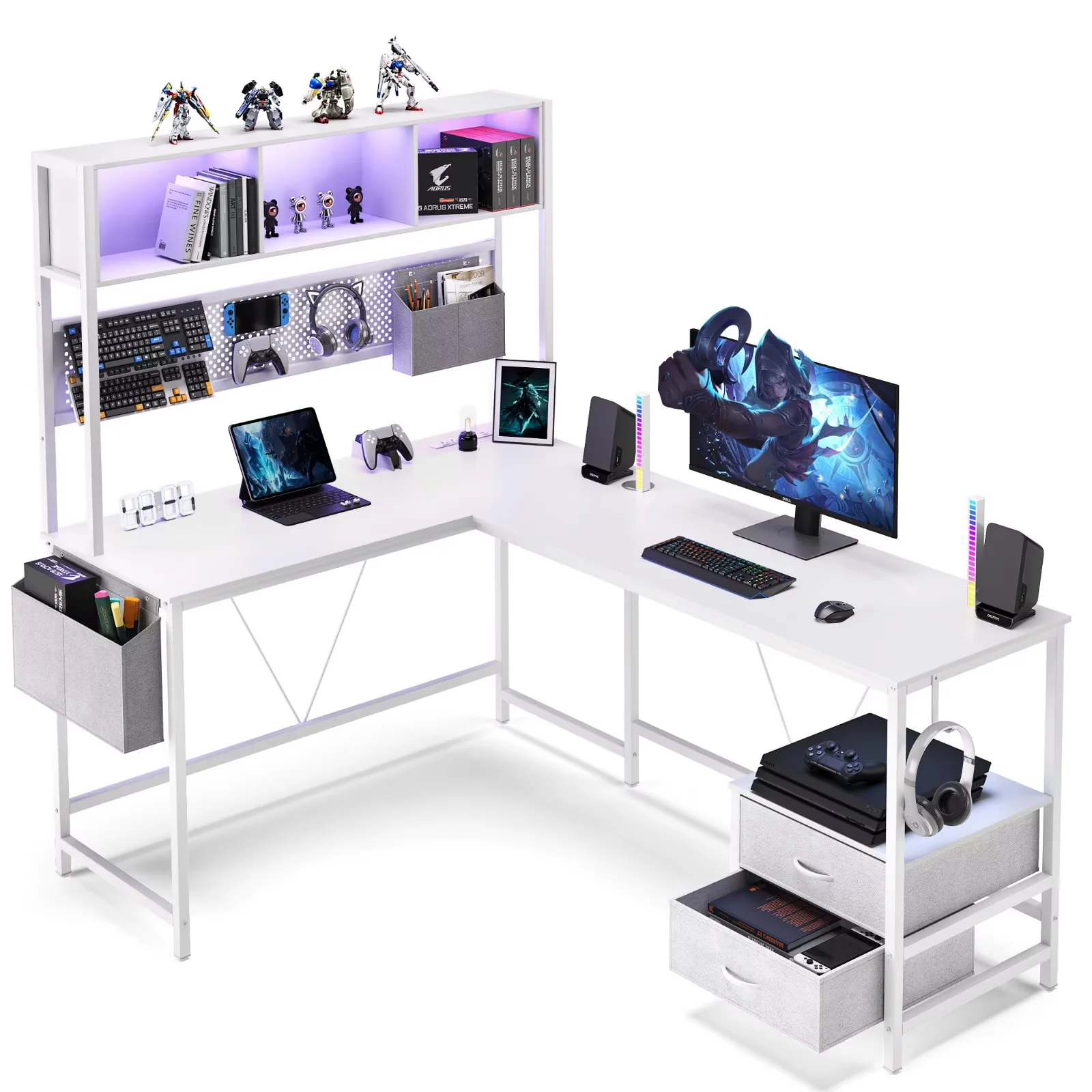 Dowinx 67 Inch L Shaped Gaming Desk with Pegboard and Drawers ...